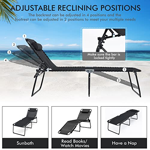 Tangkula Foldable Beach Lounge Chair for Outdoor, Reclining Chair with Removable Headrest, 4-Position Adjustable Backrest, Portable Chaise Lounger for Yard, Patio, Beach, Camping (1, Black)