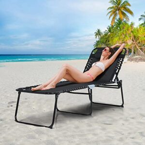 Tangkula Foldable Beach Lounge Chair for Outdoor, Reclining Chair with Removable Headrest, 4-Position Adjustable Backrest, Portable Chaise Lounger for Yard, Patio, Beach, Camping (1, Black)