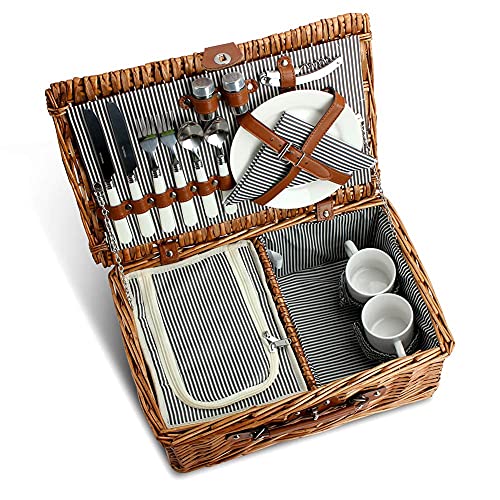 Picnic Basket for 2, Willow Hamper Set with Insulated Compartment, Handmade Large Wicker Picnic Basket Set with Utensils Cutlery - Perfect for Picnic, Camping, or Any Other Outdoor