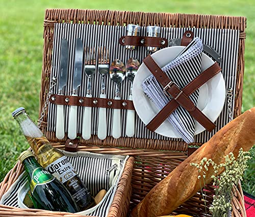 Picnic Basket for 2, Willow Hamper Set with Insulated Compartment, Handmade Large Wicker Picnic Basket Set with Utensils Cutlery - Perfect for Picnic, Camping, or Any Other Outdoor