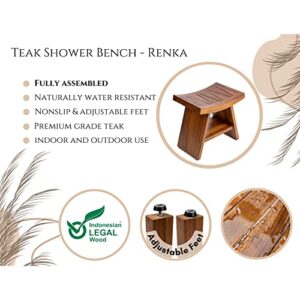 The Teaky Hut Teak Wood Waterproof Shower Bench - with Shelf, Curved, 18 Inch, Wooden Seat Stool for Bathroom, Spa, Garden, Fully Assembled