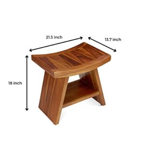 The Teaky Hut Teak Wood Waterproof Shower Bench - with Shelf, Curved, 18 Inch, Wooden Seat Stool for Bathroom, Spa, Garden, Fully Assembled