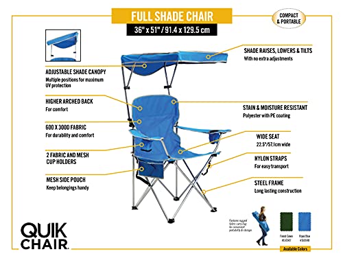 Quik Shade Full Size Shade Folding Chair, Royal Blue, 2'L x 3'W x 4.3'H (160048DS)