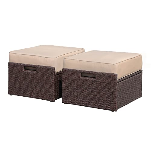 Super Patio Outdoor Ottoman, 2 Piece All Weather Wicker Rattan Patio Ottoman Set with Thick Cushion, Extra Large Outdoor Footstool Footrest (Espresso Brown)