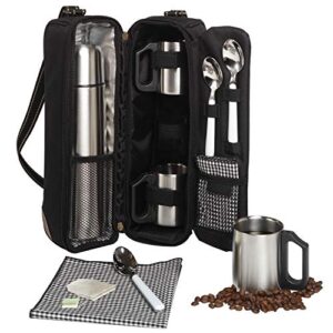 picnic at ascot travel coffee tote for 2 including stainless vacuum flask, cups, creamer and teaspoons- designed & assembled in the usa