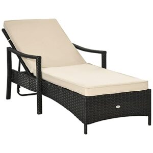 outsunny wicker chaise lounge, 4 position adjustable backrest and cushions outdoor lounge chair pe rattan sun lounger for poolside, balcony or garden, beige