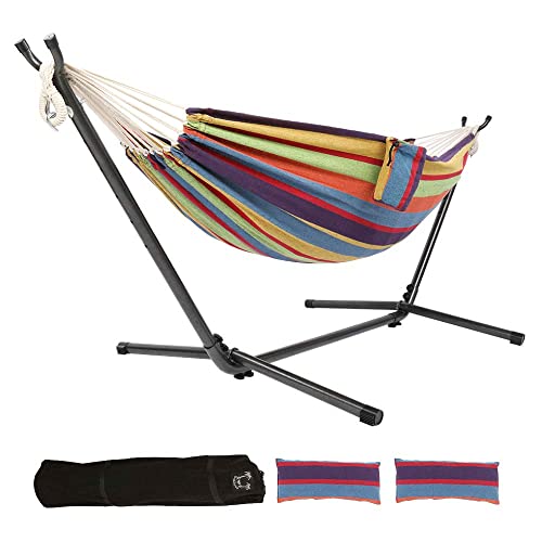 ONCLOUD Double Hammock with Stand 9 FT Space Saving, Hammock Stands Heavy Duty Includes Portable Carrying Case Two Pillows for Outdoor or Indoor (Rainbow)