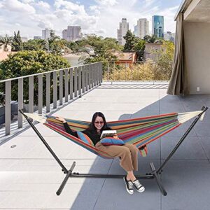 ONCLOUD Double Hammock with Stand 9 FT Space Saving, Hammock Stands Heavy Duty Includes Portable Carrying Case Two Pillows for Outdoor or Indoor (Rainbow)