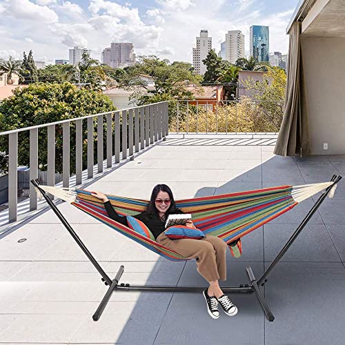 ONCLOUD Double Hammock with Stand 9 FT Space Saving, Hammock Stands Heavy Duty Includes Portable Carrying Case Two Pillows for Outdoor or Indoor (Rainbow)