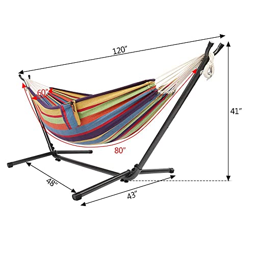 ONCLOUD Double Hammock with Stand 9 FT Space Saving, Hammock Stands Heavy Duty Includes Portable Carrying Case Two Pillows for Outdoor or Indoor (Rainbow)