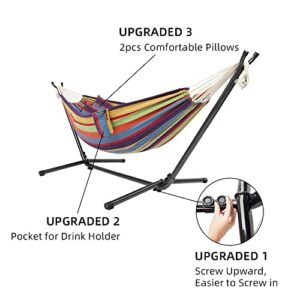 ONCLOUD Double Hammock with Stand 9 FT Space Saving, Hammock Stands Heavy Duty Includes Portable Carrying Case Two Pillows for Outdoor or Indoor (Rainbow)