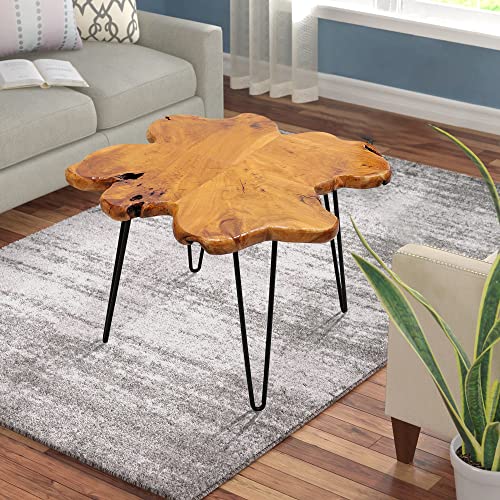 Warmaxx Natural Shape Cedar Wood Live Edge Coffee Table, 27" x 27" x 21" H Accent Vintage 4 Leaf Clover Wooden Side Table Solid Rustic Plant Stand Outdoor End Table Living Room Bedroom Sitting Area