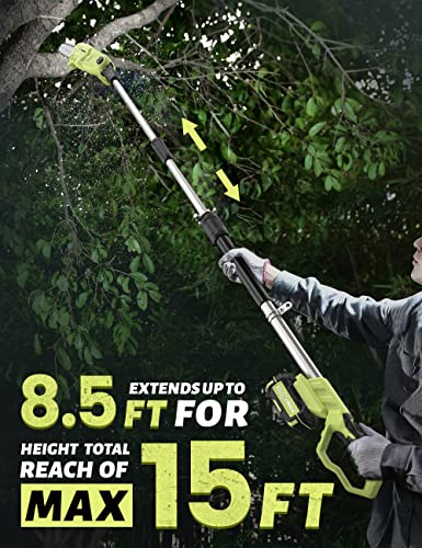 VANQUE 20V Cordless Pole Saw, 15-Foot MAX Reach Pole Saws for Tree Trimming, Battery Pole Saw for Branch Cutting, Trimming, Pruning, Adjustable Head & 8-Inch Bar and Chain, 4.0Ah Li-ion Battery