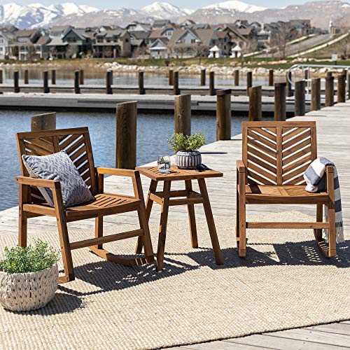 Walker Edison AZOWVINRCBR-3 Antigua Modern 3 Piece Chevron Solid Acacia Wood Outdoor Rocking Chair Set, Brown