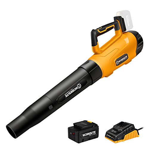 WORKSITE Leaf Blower, 20V Cordless Electric Handheld Lightweight Blower Battery Powered, 330 CFM with Variable Speed, 4.0A Battery & Charger Included, WORKSITE