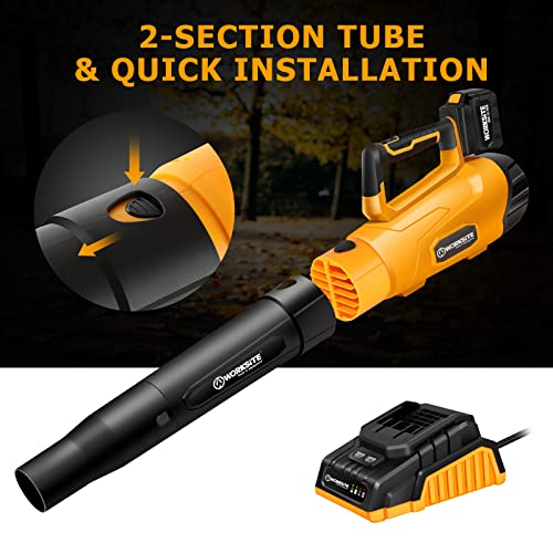 WORKSITE Leaf Blower, 20V Cordless Electric Handheld Lightweight Blower Battery Powered, 330 CFM with Variable Speed, 4.0A Battery & Charger Included, WORKSITE