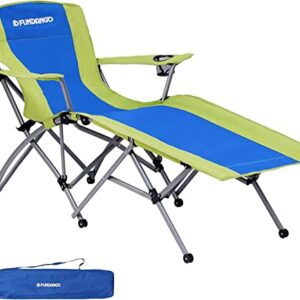 FUNDANGO Folding Camping Lounge Chair with Footrest, Ergonomic Reclining Outdoor Chaise Foldable in Bag with Cup Holder Armrest for Park, Garden, Indoor, Beach, Patio, Lawn, Blue/Green