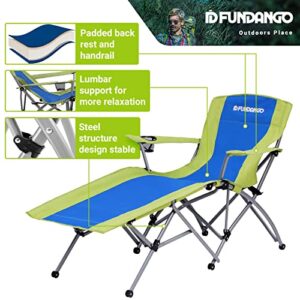 FUNDANGO Folding Camping Lounge Chair with Footrest, Ergonomic Reclining Outdoor Chaise Foldable in Bag with Cup Holder Armrest for Park, Garden, Indoor, Beach, Patio, Lawn, Blue/Green