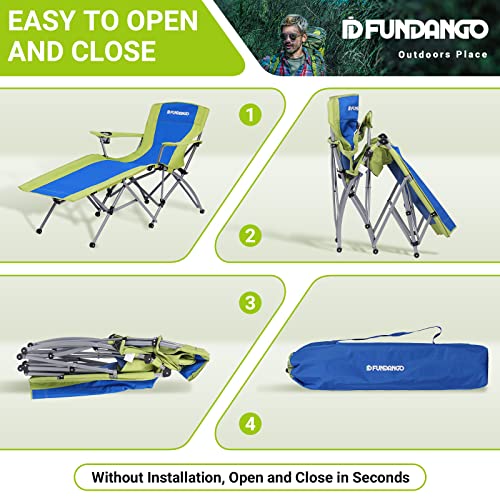 FUNDANGO Folding Camping Lounge Chair with Footrest, Ergonomic Reclining Outdoor Chaise Foldable in Bag with Cup Holder Armrest for Park, Garden, Indoor, Beach, Patio, Lawn, Blue/Green