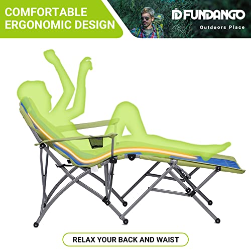 FUNDANGO Folding Camping Lounge Chair with Footrest, Ergonomic Reclining Outdoor Chaise Foldable in Bag with Cup Holder Armrest for Park, Garden, Indoor, Beach, Patio, Lawn, Blue/Green