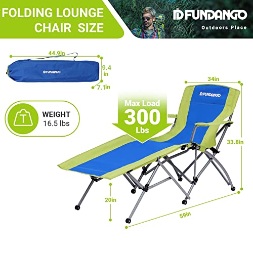 FUNDANGO Folding Camping Lounge Chair with Footrest, Ergonomic Reclining Outdoor Chaise Foldable in Bag with Cup Holder Armrest for Park, Garden, Indoor, Beach, Patio, Lawn, Blue/Green