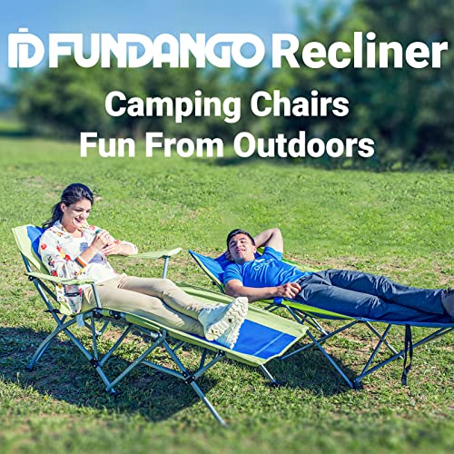 FUNDANGO Folding Camping Lounge Chair with Footrest, Ergonomic Reclining Outdoor Chaise Foldable in Bag with Cup Holder Armrest for Park, Garden, Indoor, Beach, Patio, Lawn, Blue/Green