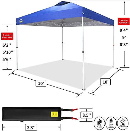 CROWN SHADES 10x10 Pop Up Canopy, Patented One Push Tent Canopy, Newly Designed Storage Bag, 8 Stakes, 4 Ropes, Blue