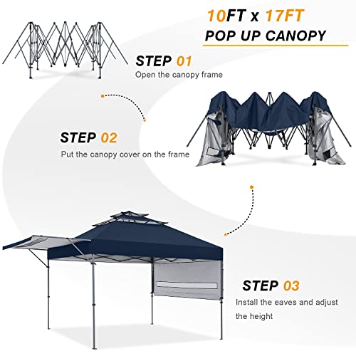 COOSHADE 10x17 Instant Canopy Tent 3-Tier Pop Up Canopy with Ventilation and Adjustable Dual Half Awnings(Navy Blue)