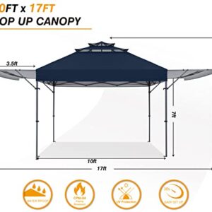 COOSHADE 10x17 Instant Canopy Tent 3-Tier Pop Up Canopy with Ventilation and Adjustable Dual Half Awnings(Navy Blue)