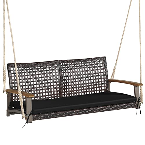 Tangkula 2 Person PE Wicker Porch Swing Bench, Outdoor Hanging Swing with Soft Seat Cushion and Hanging Ropes(Length of 118" for Each Chain), 800 LBS Weight Capacity (Black)