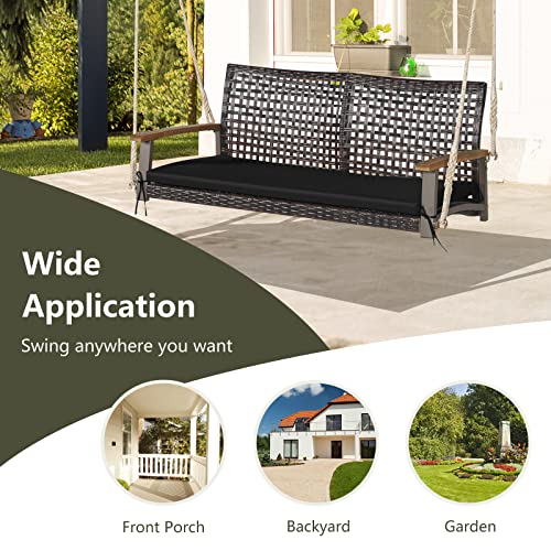 Tangkula 2 Person PE Wicker Porch Swing Bench, Outdoor Hanging Swing with Soft Seat Cushion and Hanging Ropes(Length of 118" for Each Chain), 800 LBS Weight Capacity (Black)