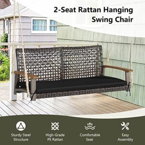 Tangkula 2 Person PE Wicker Porch Swing Bench, Outdoor Hanging Swing with Soft Seat Cushion and Hanging Ropes(Length of 118" for Each Chain), 800 LBS Weight Capacity (Black)