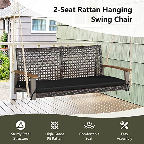 Tangkula 2 Person PE Wicker Porch Swing Bench, Outdoor Hanging Swing with Soft Seat Cushion and Hanging Ropes(Length of 118" for Each Chain), 800 LBS Weight Capacity (Black)