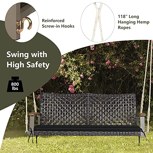 Tangkula 2 Person PE Wicker Porch Swing Bench, Outdoor Hanging Swing with Soft Seat Cushion and Hanging Ropes(Length of 118" for Each Chain), 800 LBS Weight Capacity (Black)