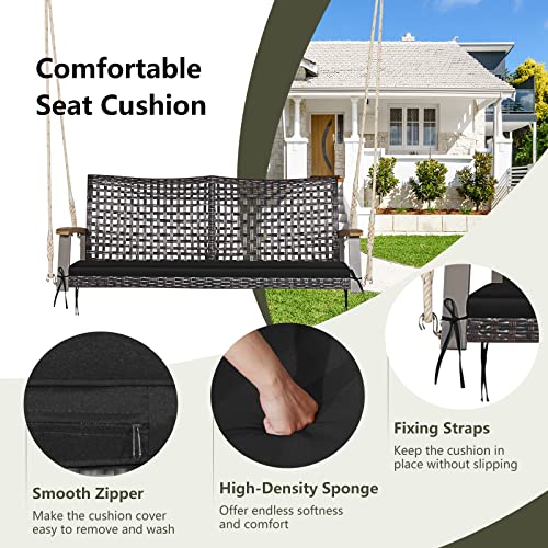 Tangkula 2 Person PE Wicker Porch Swing Bench, Outdoor Hanging Swing with Soft Seat Cushion and Hanging Ropes(Length of 118" for Each Chain), 800 LBS Weight Capacity (Black)