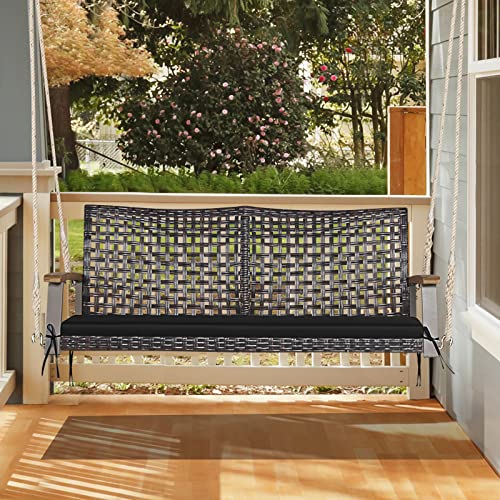 Tangkula 2 Person PE Wicker Porch Swing Bench, Outdoor Hanging Swing with Soft Seat Cushion and Hanging Ropes(Length of 118" for Each Chain), 800 LBS Weight Capacity (Black)