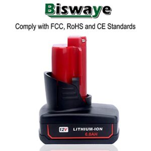 Biswaye 2-Pack 12V Lithium Battery 6.0Ah Compatible with Milwaukee M12 12V Lithium XC Extended Battery 48-11-2460 48-11-2440 48-11-2420 48-11-2411 48-11-2401 48-11-2430 48-11-2412