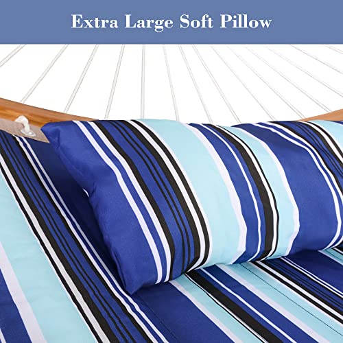 SUNCREAT Double Hammock with Stand Included, Portable Hammock with Stand and Large Pillow, Blue Stripes