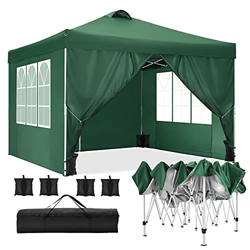 Canopy 10x10 Waterproof Pop up Canopy Tent with 4 Sidewalls Outdoor Event Shelter Tent for Parties Sun Shade Party Commercial Canopy with Air Vent Carry Bag(10x10 with 4 Sides & 4 Sandbags, Green)