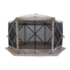 gazelle g6 6-sided 12 foot x 12 foot pop up portable 8 person camping gazebo day tent with hub design and mesh screen windows, desert sand