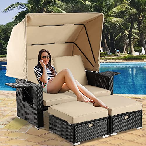 LEISU Outdoor Patio Furniture Sunbed with Retractable Canopy, PE Wicker Rattan Rectangle Sectional Sofa Set Clamshell Sectional Seating with Washable Cushions for Lawn Garden Backyard Poolside (Khaki)