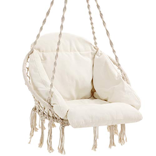 SONGMICS Hanging Chair, Hammock Chair with Large, Thick Cushion, Swing Chair, Holds up to 264 lb, for Terrace, Balcony, Garden, Living Room, Scandinavian, Shabby Chic, Cloud White UGDC042M01