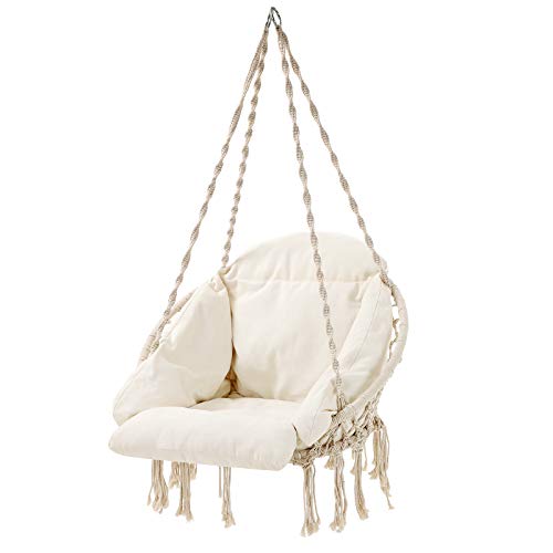 SONGMICS Hanging Chair, Hammock Chair with Large, Thick Cushion, Swing Chair, Holds up to 264 lb, for Terrace, Balcony, Garden, Living Room, Scandinavian, Shabby Chic, Cloud White UGDC042M01