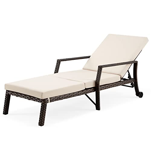 UPHYB Chaise Lounge Chair for Outside, Rattan Wicker Outdoor Lounge Chair, Adjustable Pool Lounge Chair with 2 Wheels & Thickened Cushion for Patio Poolside Deck (Khaki)