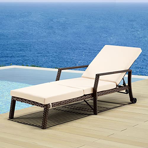 UPHYB Chaise Lounge Chair for Outside, Rattan Wicker Outdoor Lounge Chair, Adjustable Pool Lounge Chair with 2 Wheels & Thickened Cushion for Patio Poolside Deck (Khaki)