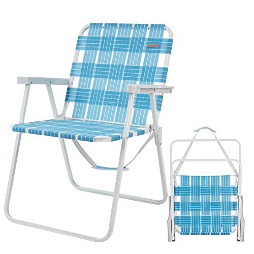 #WEJOY Lightweight Folding Webbed Beach Chairs for Adults Lawn Chair Webbing High Beach Chair Backpacking Portable Outdoor Chairs with Shoulder Strap for Camping, Patio Garden Concert Sand, Blue/Grey