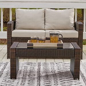 Signature Design by Ashley East Brook Outdoor Wicker Loveseat with Table Set, Brown