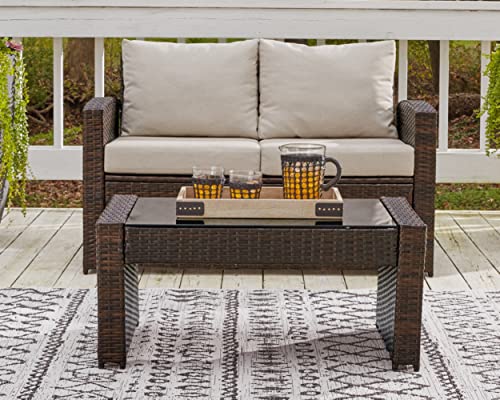 Signature Design by Ashley East Brook Outdoor Wicker Loveseat with Table Set, Brown