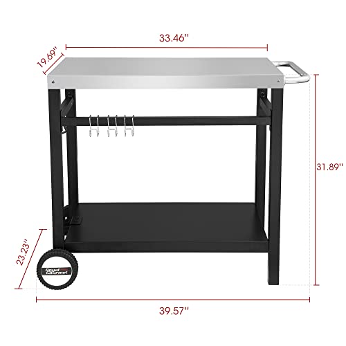 Royal Gourmet Dining Cart Table with Double-Shelf, Movable Stainless Steel Flattop Grill Cart, Hooks, Side Handle, Multifunctional and Commercial PC3401S (Silver)