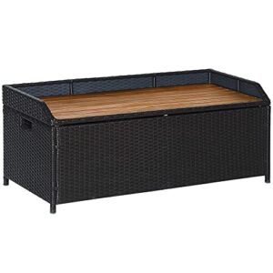 outsunny patio wicker storage bench, outdoor pe rattan patio furniture, air strut assisted easy open, 2-in-1 large capacity rectangle basket box with handles & wooden seat, black